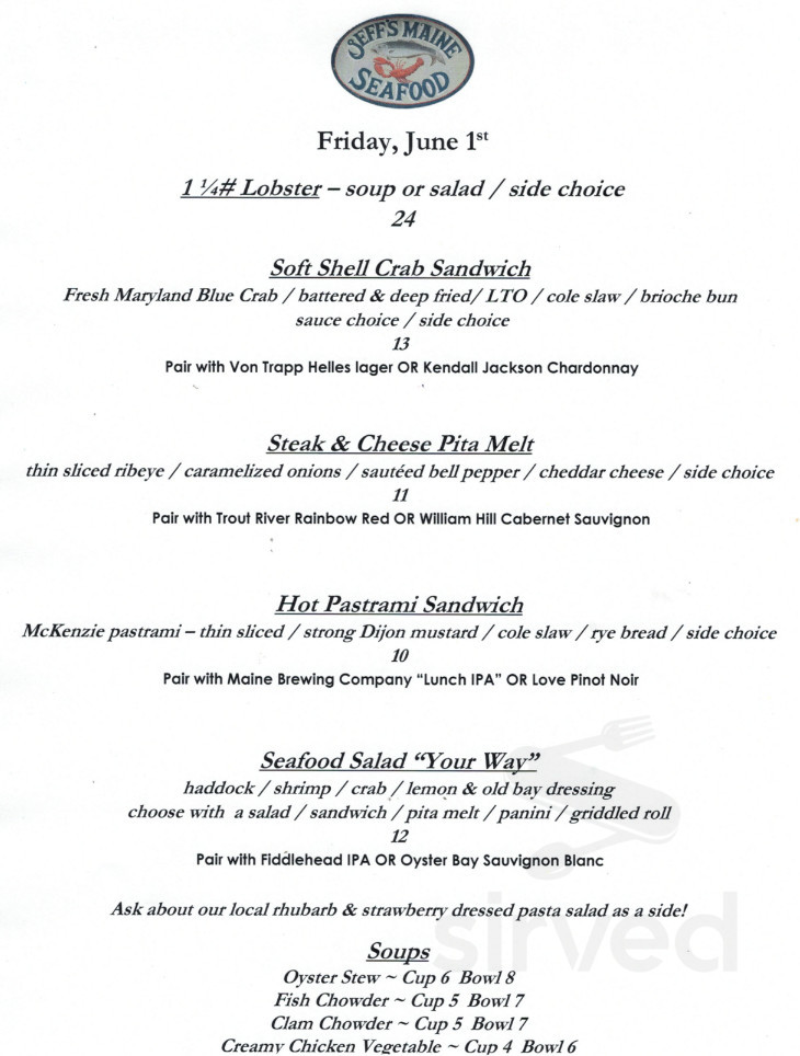 Jeff's Maine Seafood menu in St Albans City, Vermont, USA
