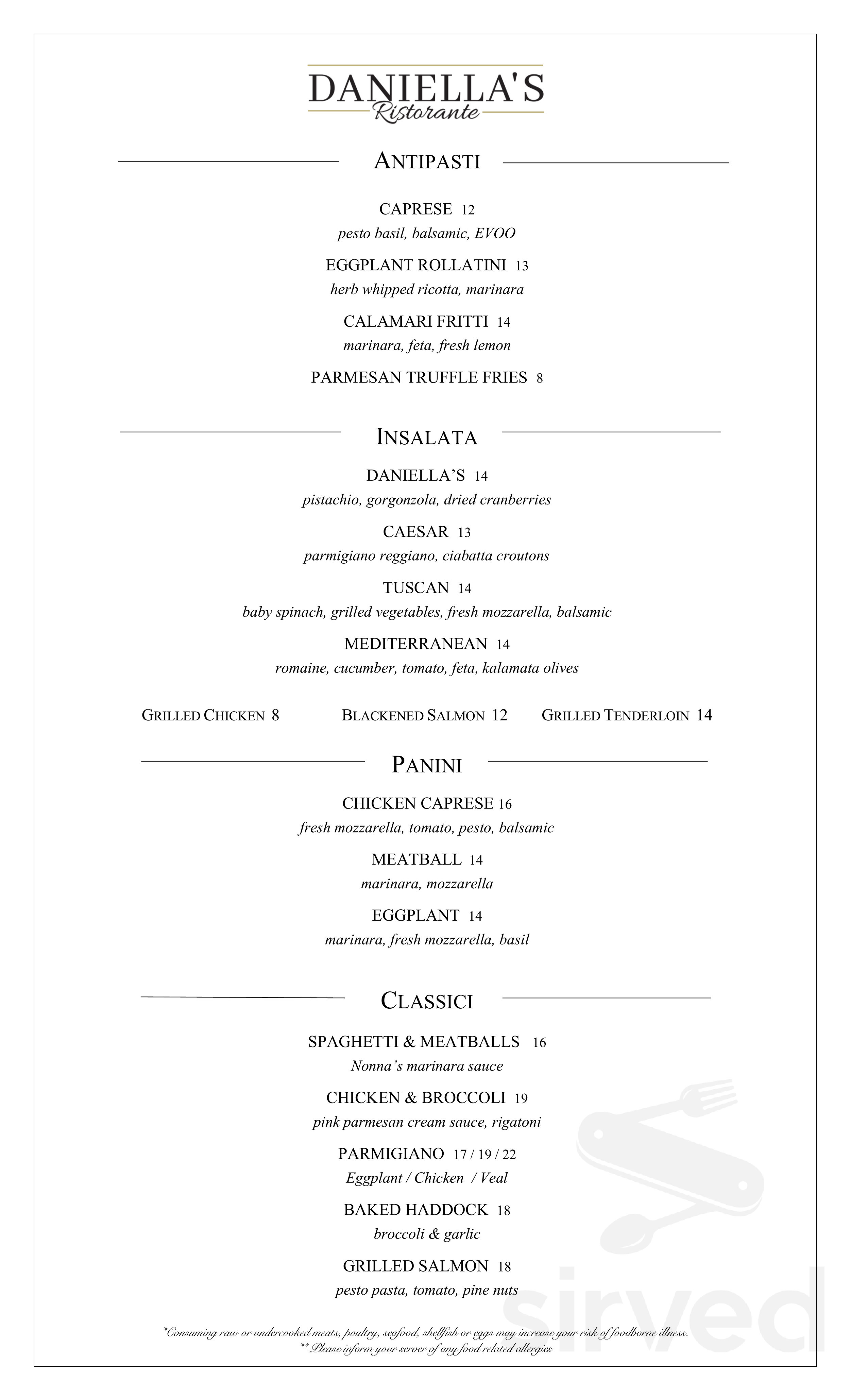 Menu for Daniella's Ristorante in Peabody, MA | Sirved