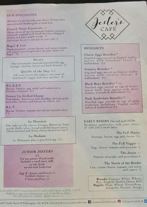 Jester's Café menu in Wilmington, North Carolina, USA