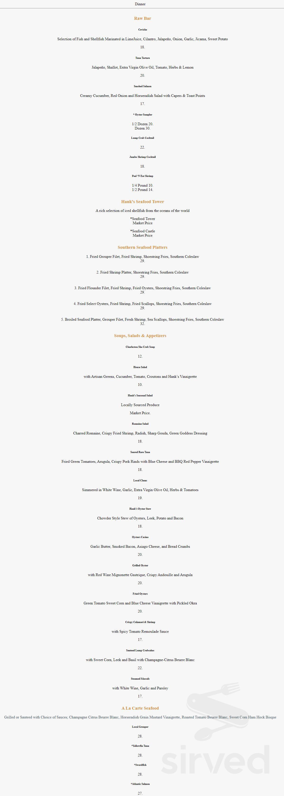 Hank's Seafood Restaurant menu in Charleston, South Carolina, USA