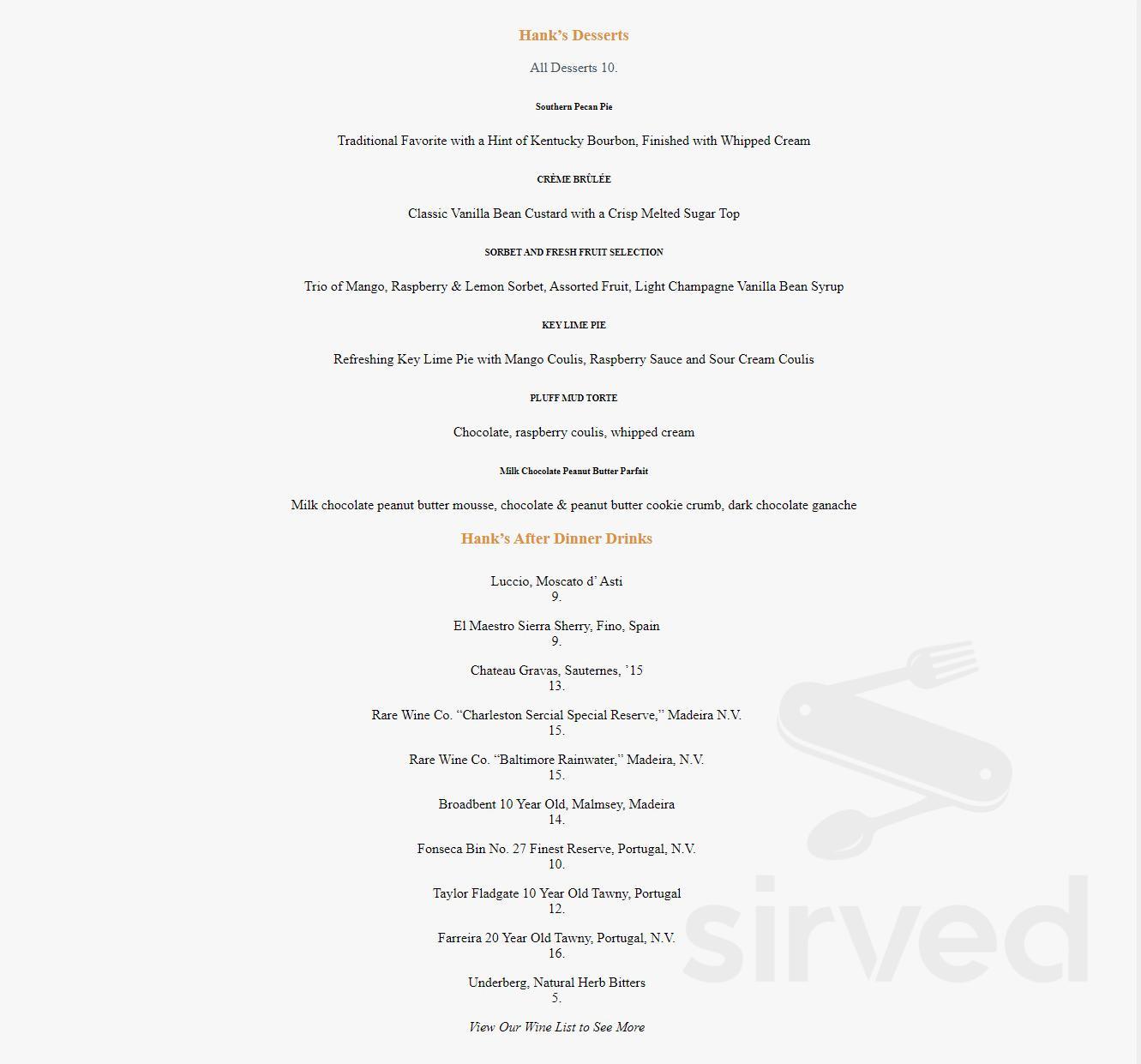 Hank's Seafood Restaurant menu in Charleston, South Carolina, USA