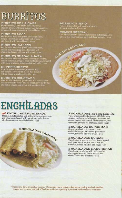 Romo's Mexican Restaurant and Cantina menu in Cookeville, Tennessee, USA