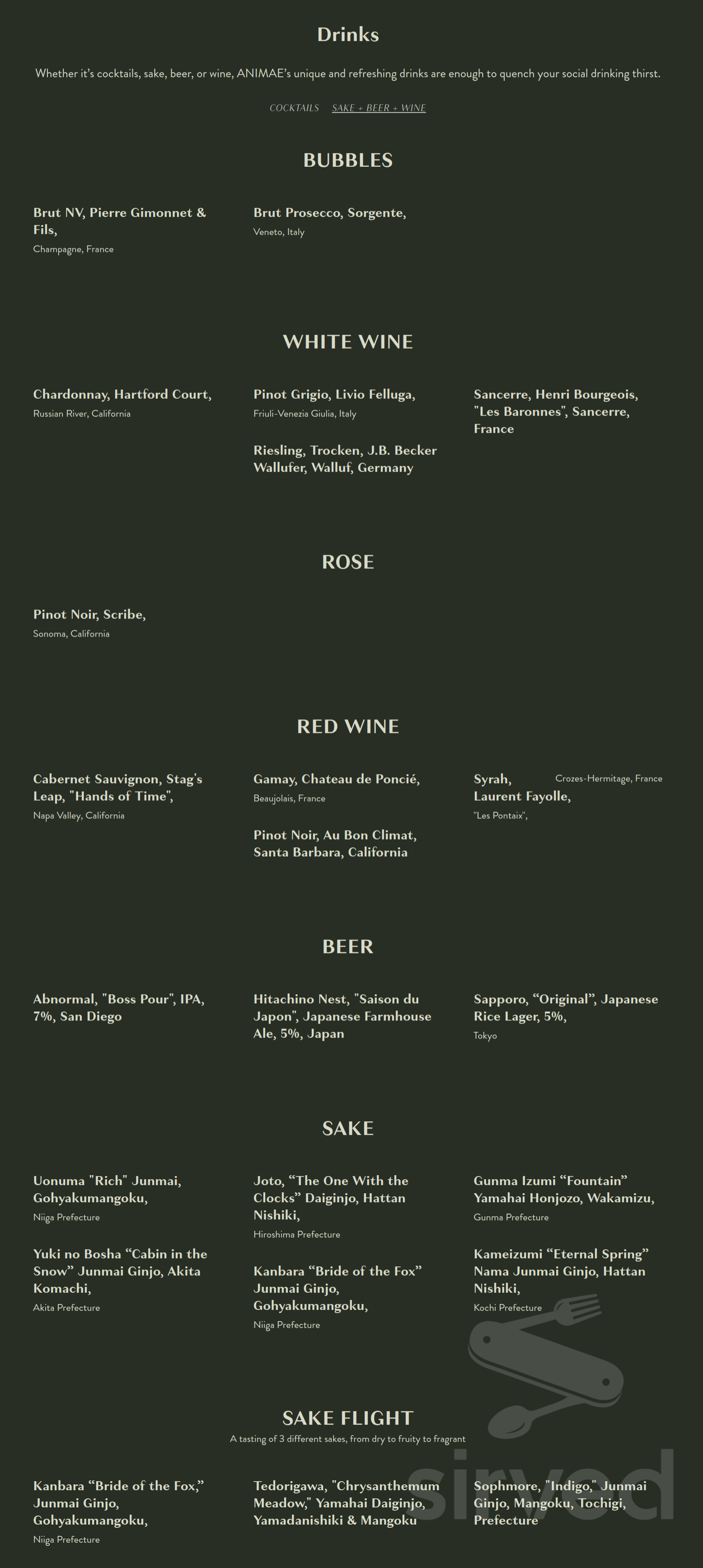 Animae menu in San Diego, California, USA