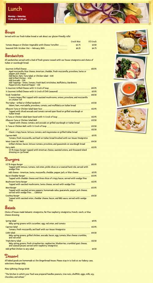 The Gingerbread House menu in Muskego, Wisconsin, USA