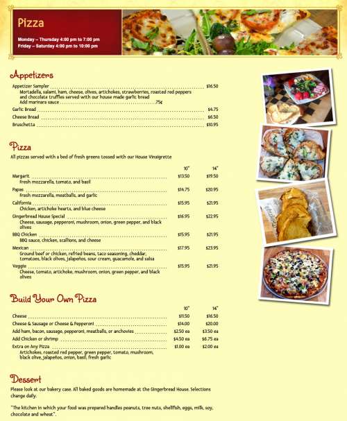 The Gingerbread House menu in Muskego, Wisconsin, USA