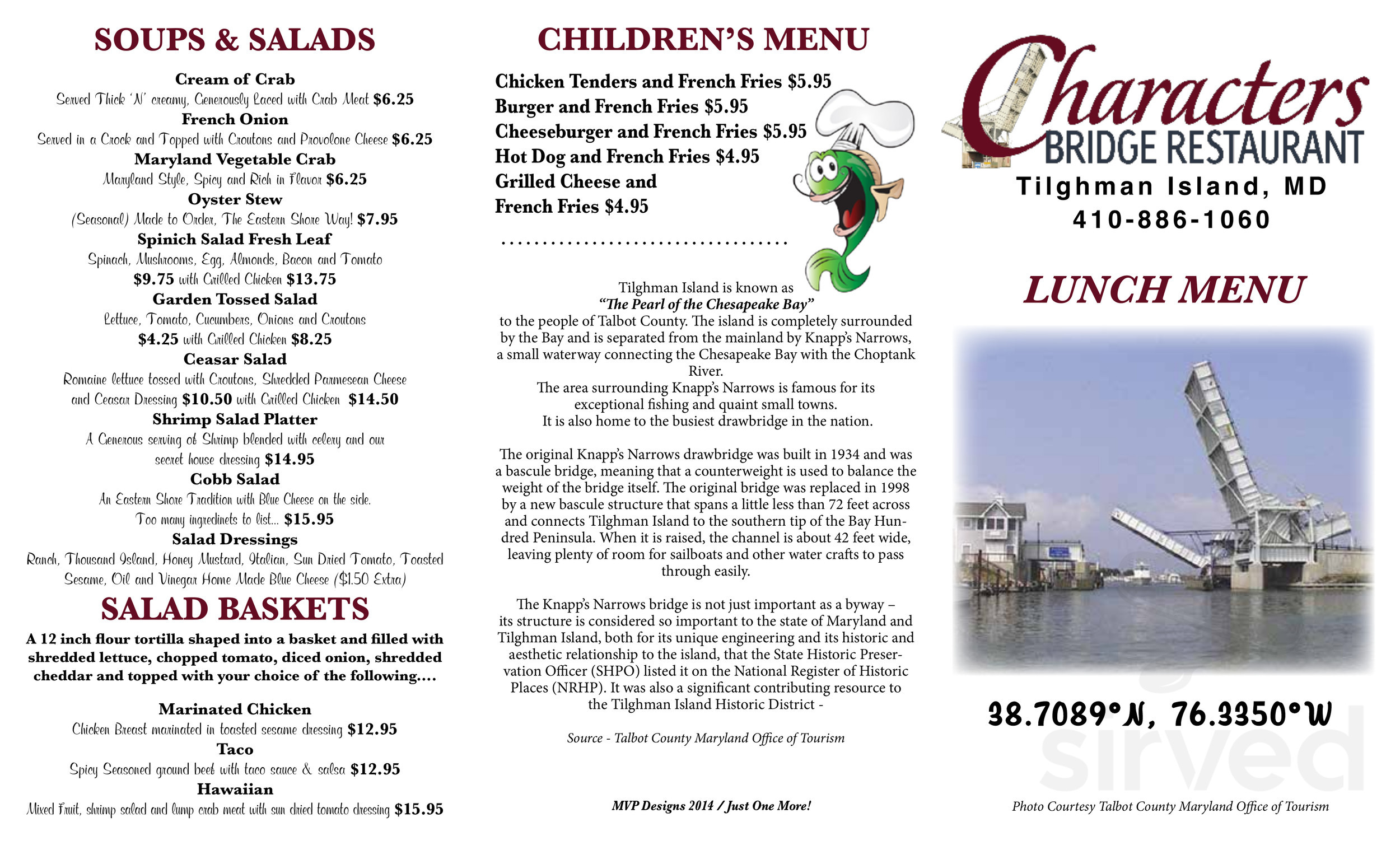 Characters Bridge Restaurant menus in Tilghman, Maryland, United States