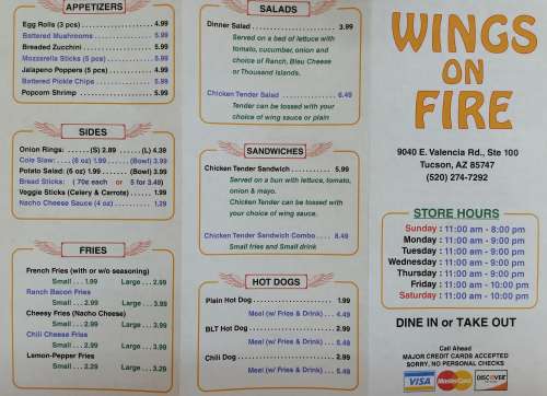 Wings on Fire menu in Tucson, Arizona, USA