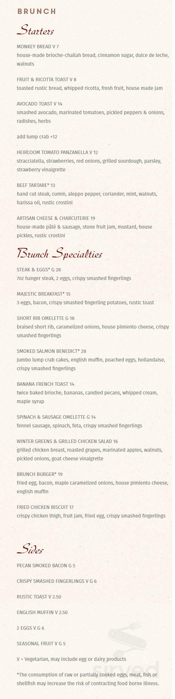 The Majestic menu in Alexandria, Virginia, USA