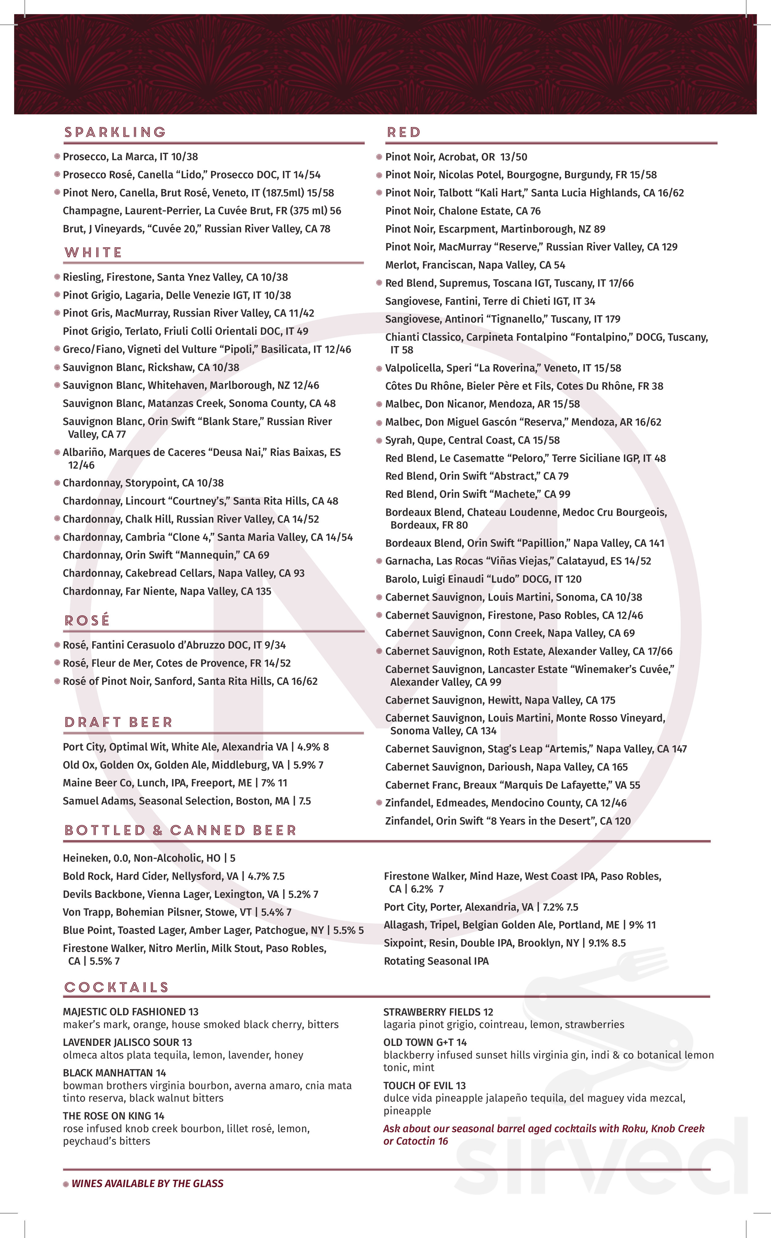 The Majestic menu in Alexandria, Virginia, USA
