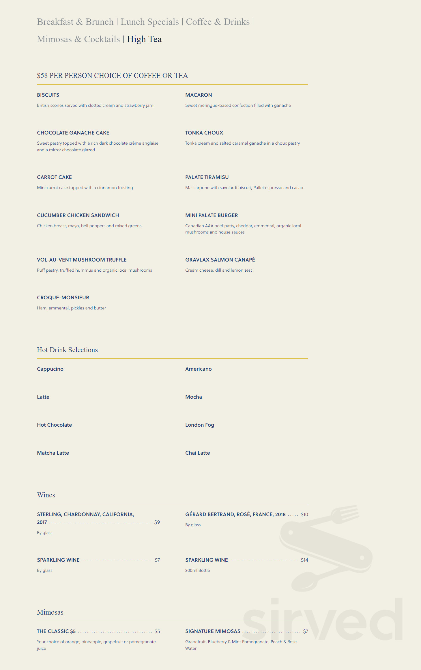 Palate Kitchen menu in Vancouver, British Columbia, Canada