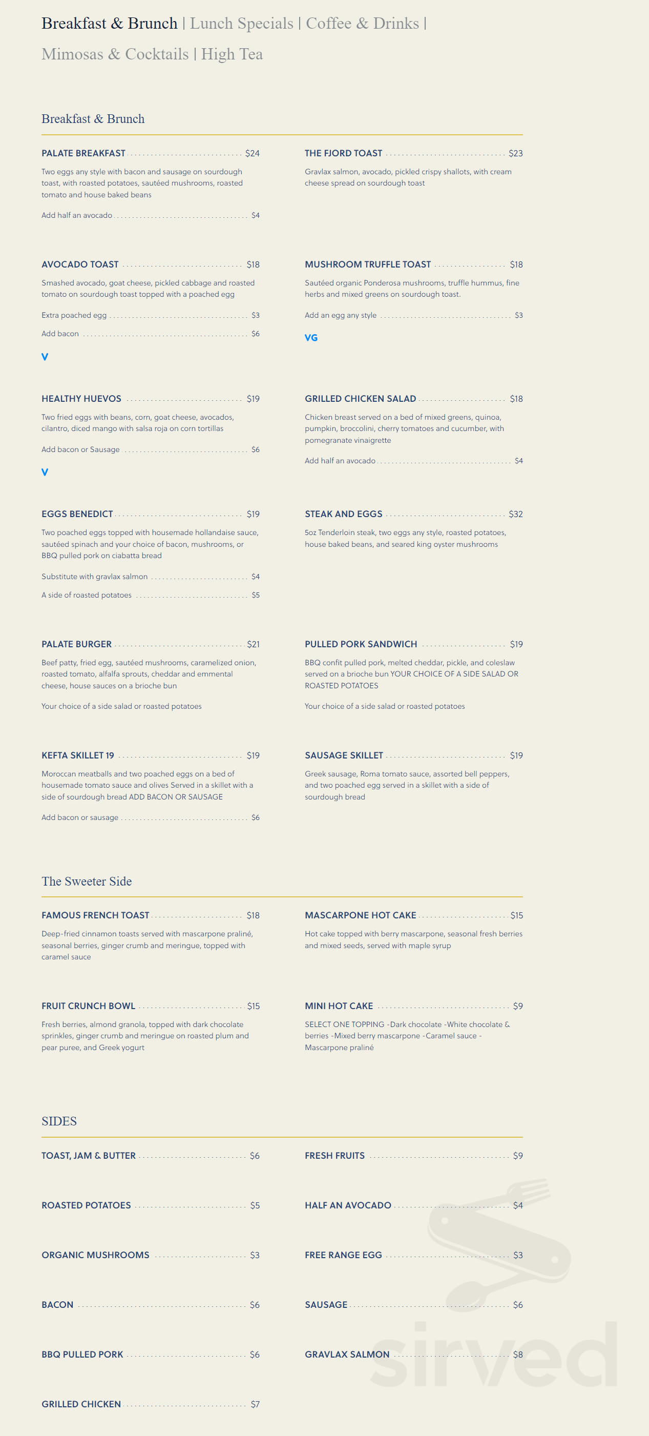 Palate Kitchen menu in Vancouver, British Columbia, Canada