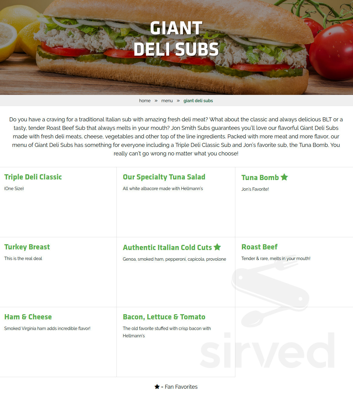 Menu - Las Vegas NV's Jon Smith Subs | Sirved