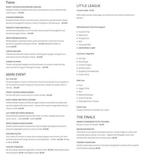 Overtime Sports Bar and Grill menu in Greater Sudbury, Ontario, Canada