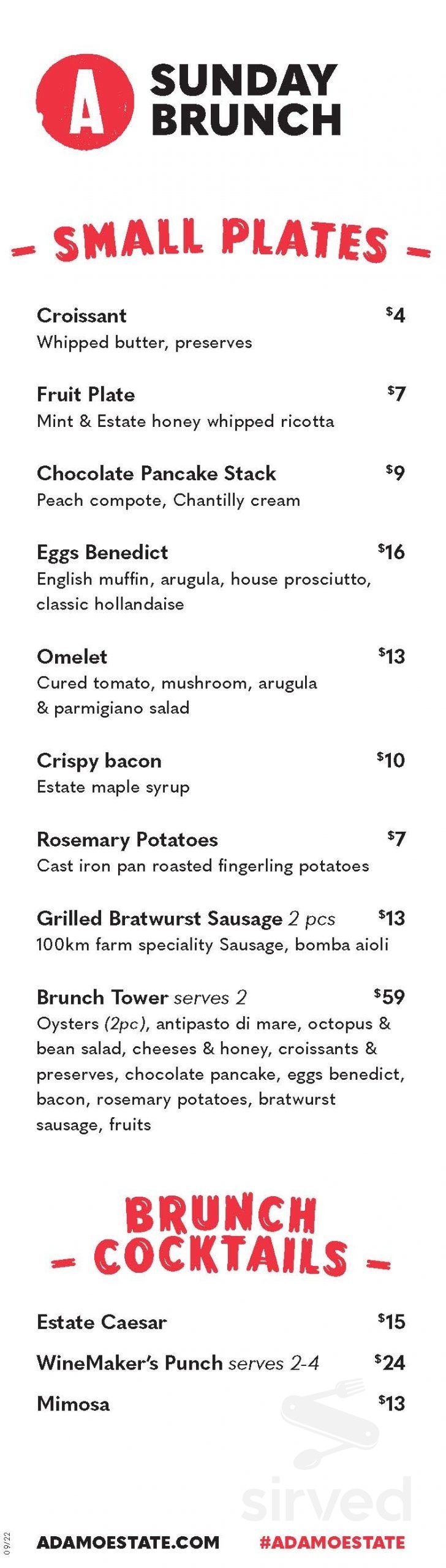 Adamo Estate Winery menu in Mono, Ontario, Canada