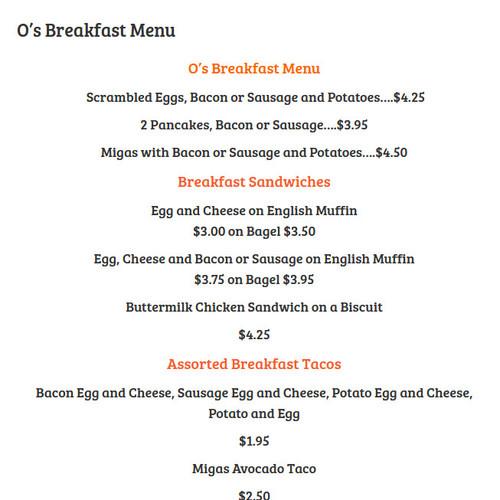 O's Campus Cafe and Catering menu in Austin, Texas, USA