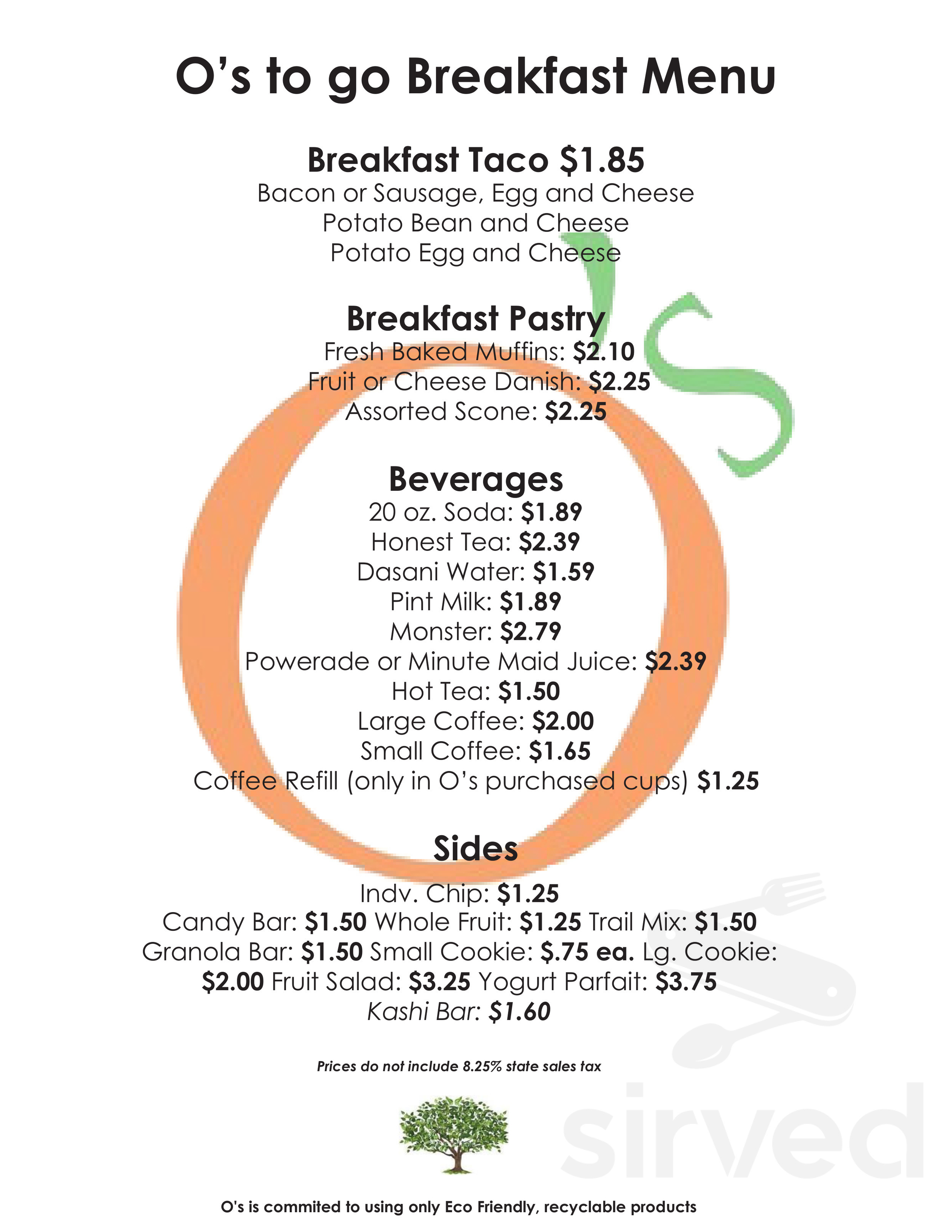 O's Campus Cafe and Catering menu in Austin, Texas, USA