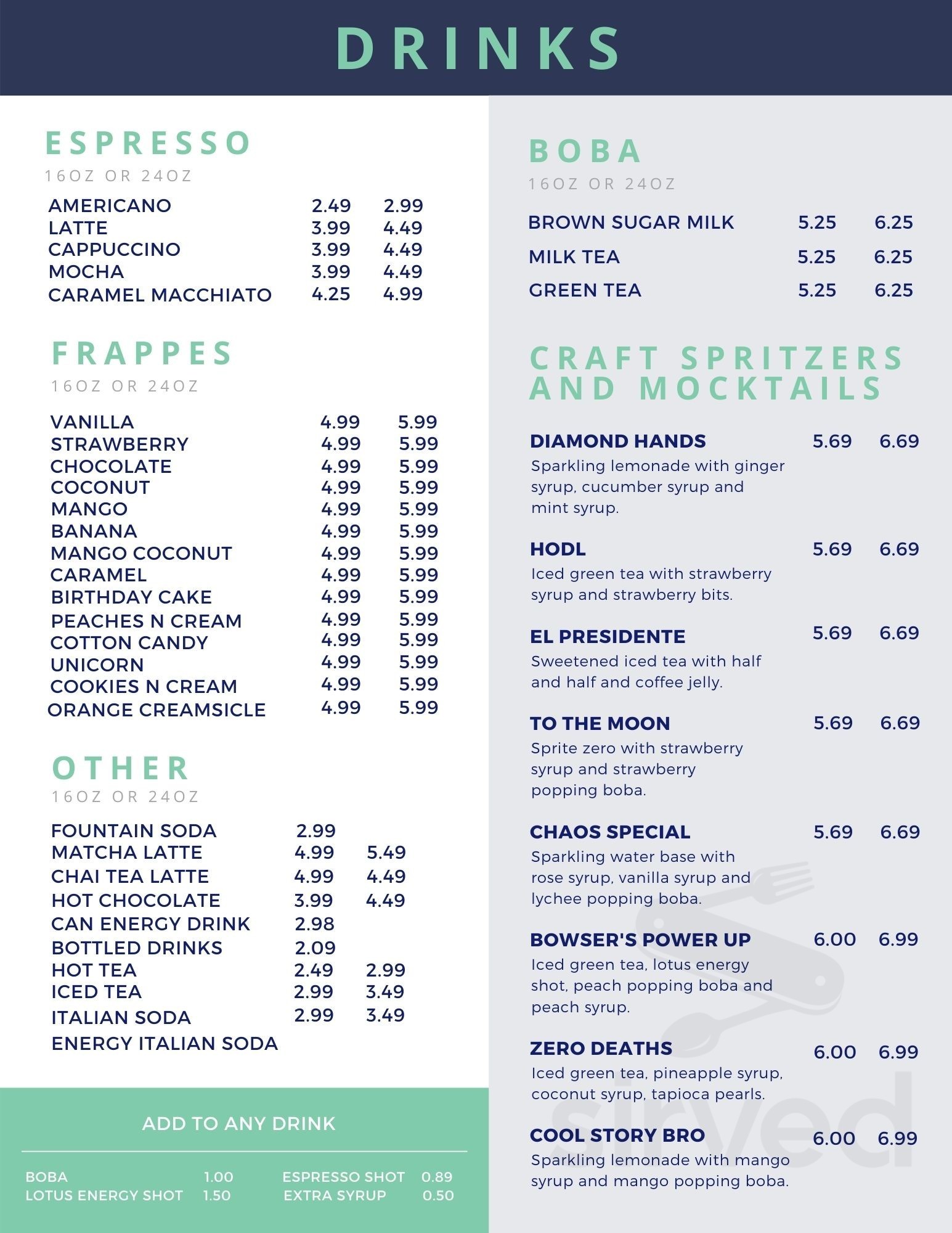 Chaos Arcade menu in Spokane, Washington, USA