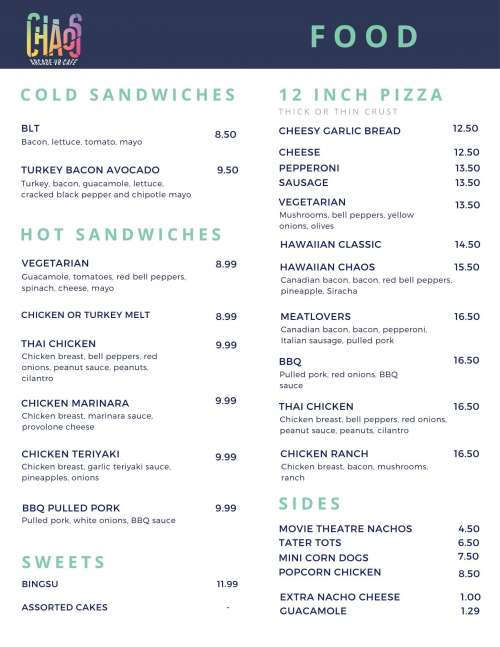 Chaos Arcade menu in Spokane, Washington, USA