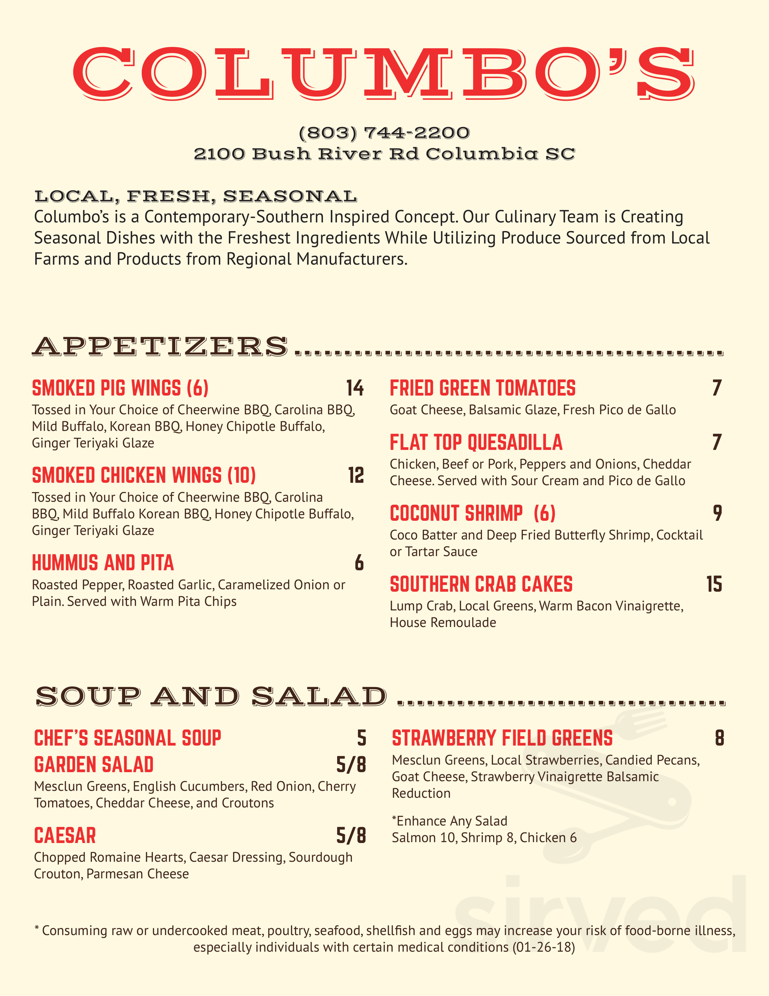 Columbo's menu in Columbia, South Carolina, USA