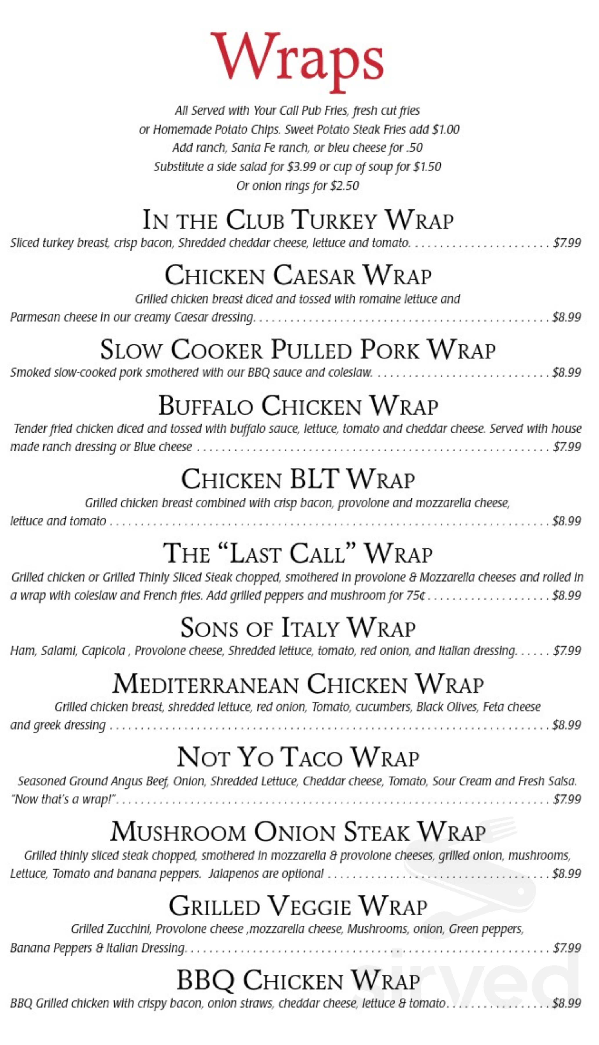 The Last Call Bar and Grill menu in Canonsburg, Pennsylvania, USA