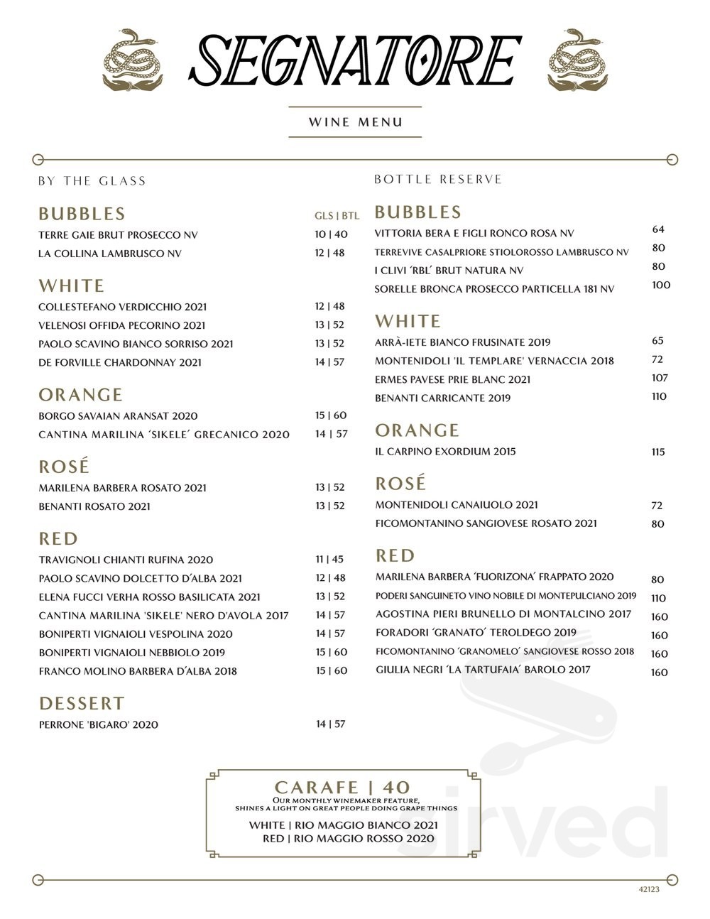 Menu - Chicago IL's Segnatore | Sirved