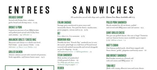 Menu for Alpine Lanes and Avalanche Grill in Muskego, WI | Sirved