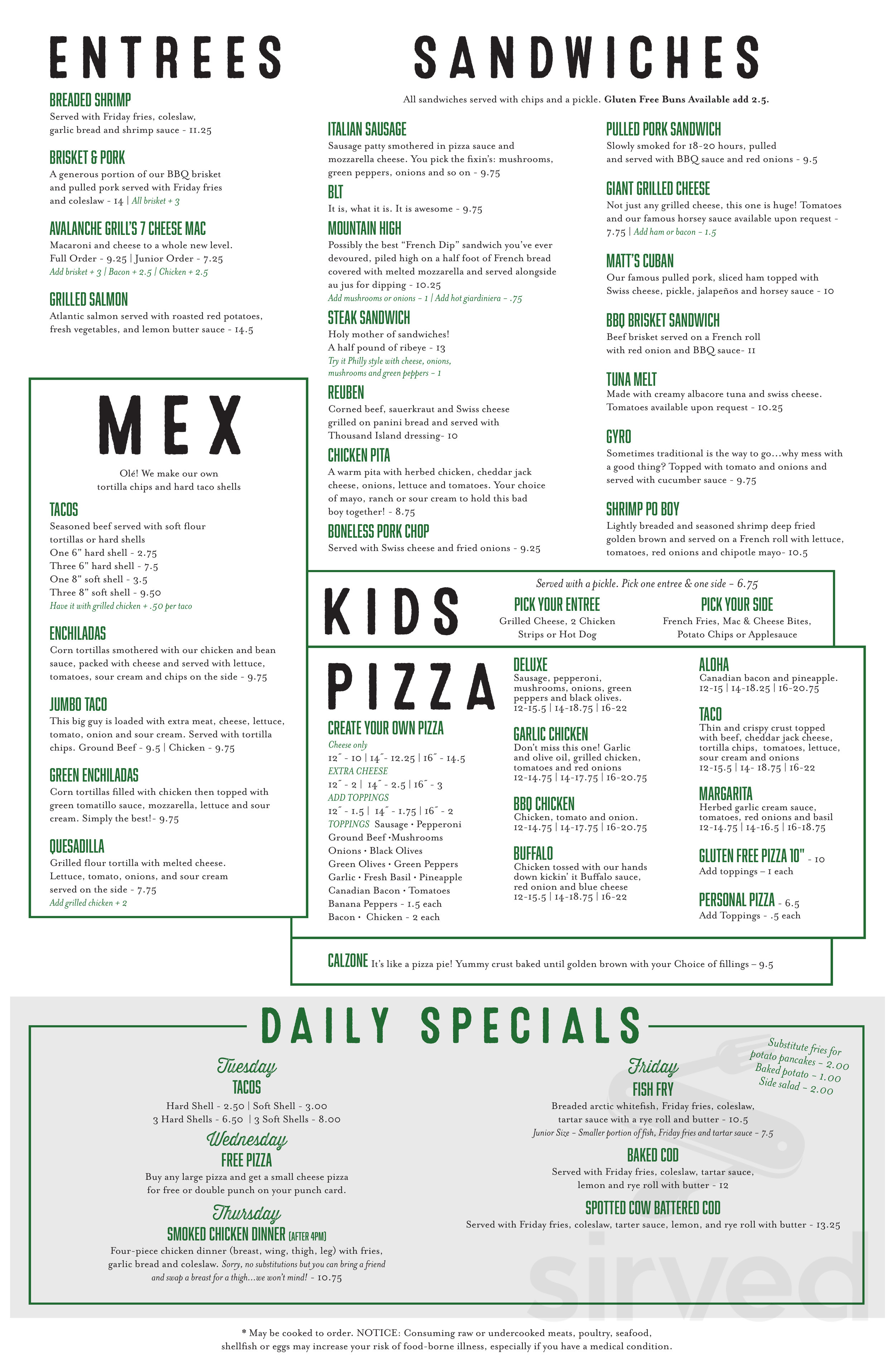 Alpine Lanes and Avalanche Grill menus in Muskego, Wisconsin, United States