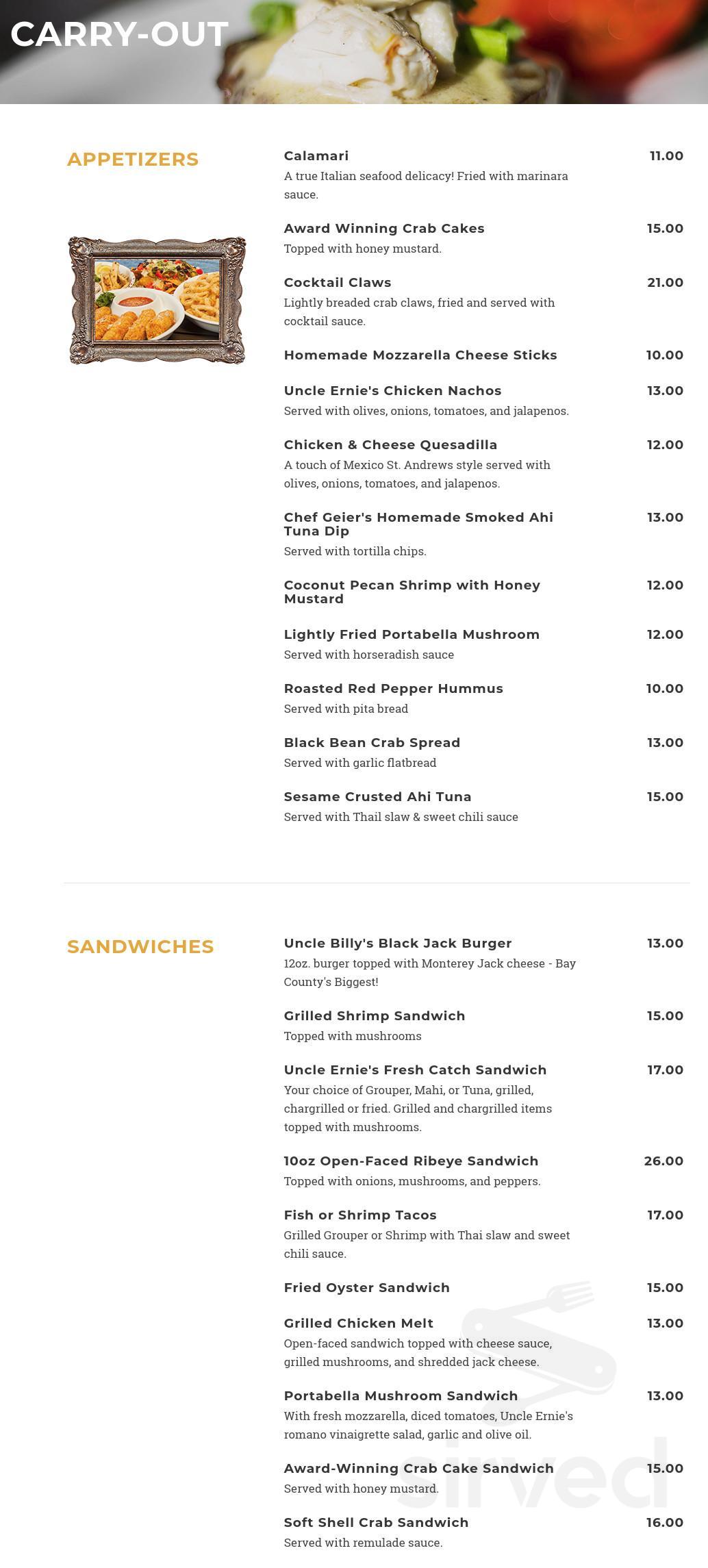 Uncle Ernies menu in Panama City, Florida, USA