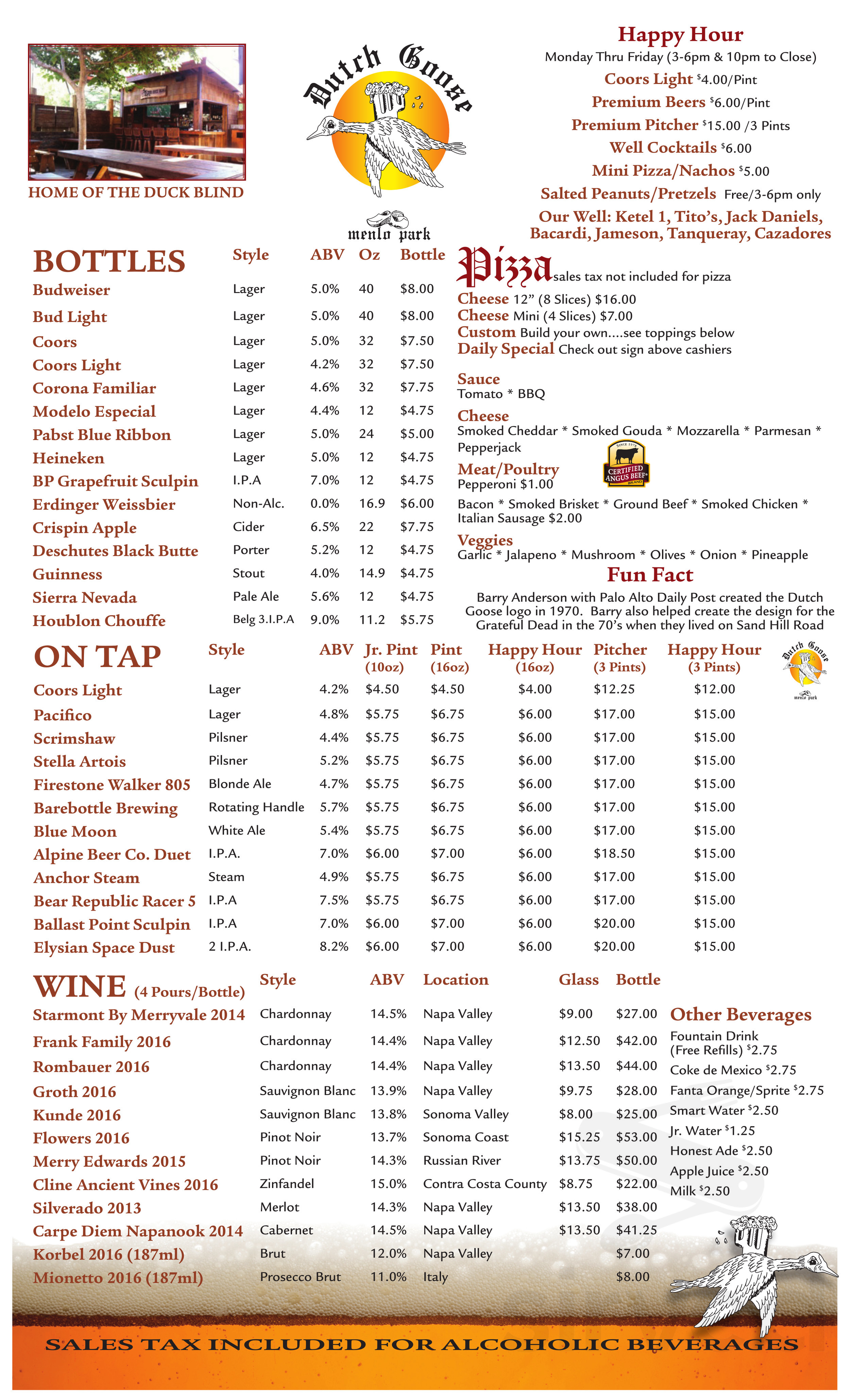 Dutch Goose menu in Menlo Park, California, USA