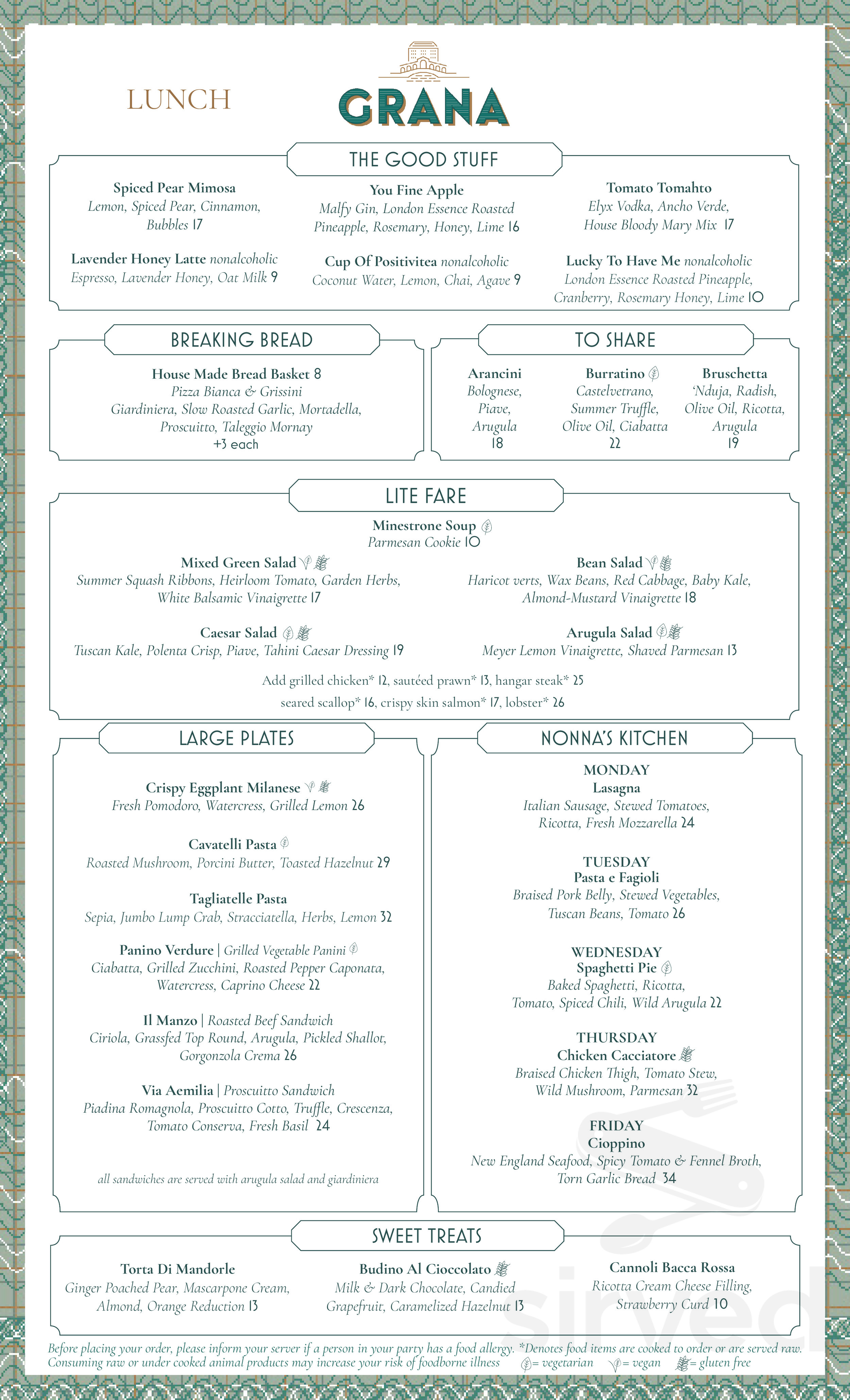 Grana at The Langham, Boston menu in Boston, Massachusetts, USA