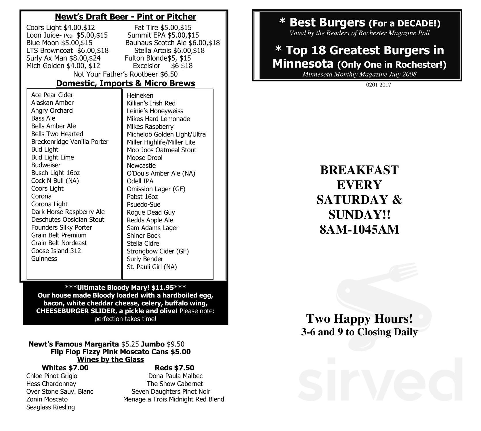 Newt's North menu in Rochester, Minnesota, USA