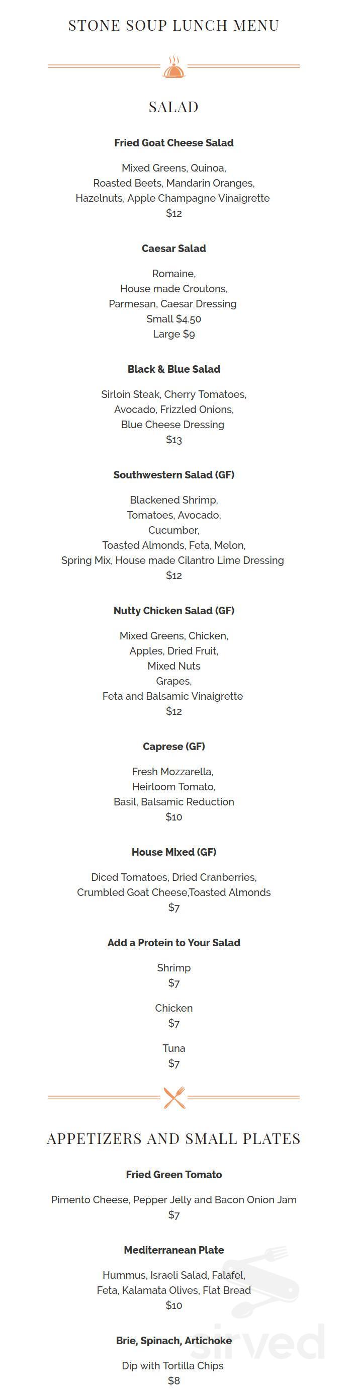 Stone Soup menu in Landrum, South Carolina, USA