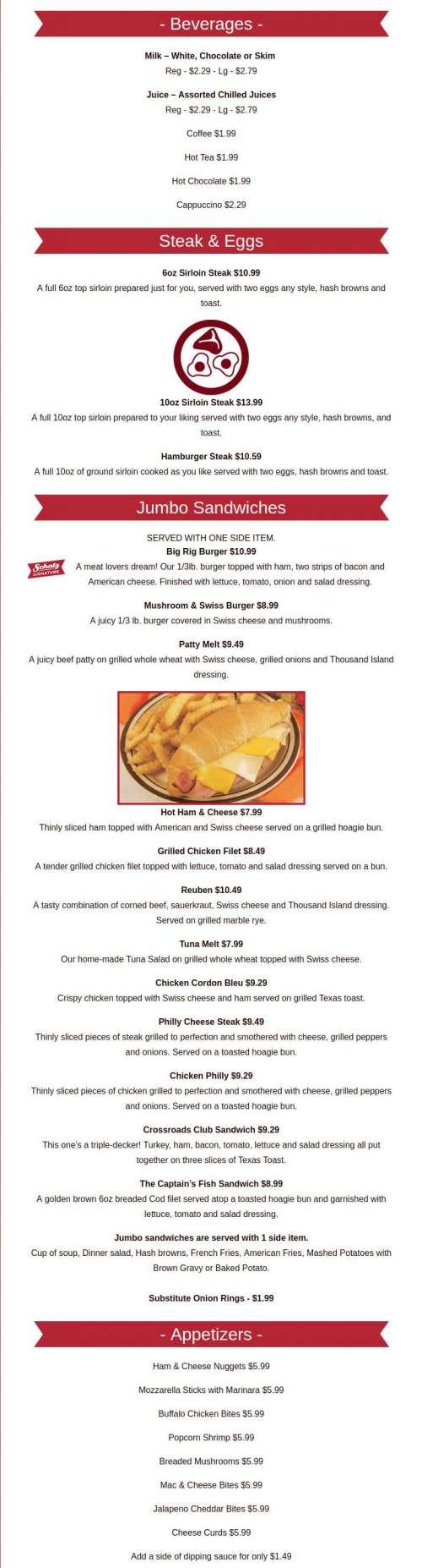 Schatz Crossroads menu in Minot, North Dakota, USA