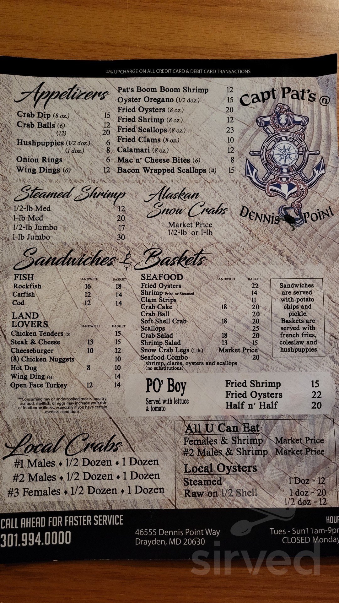 Captain Pat's Seafood menu in Drayden, Maryland, USA
