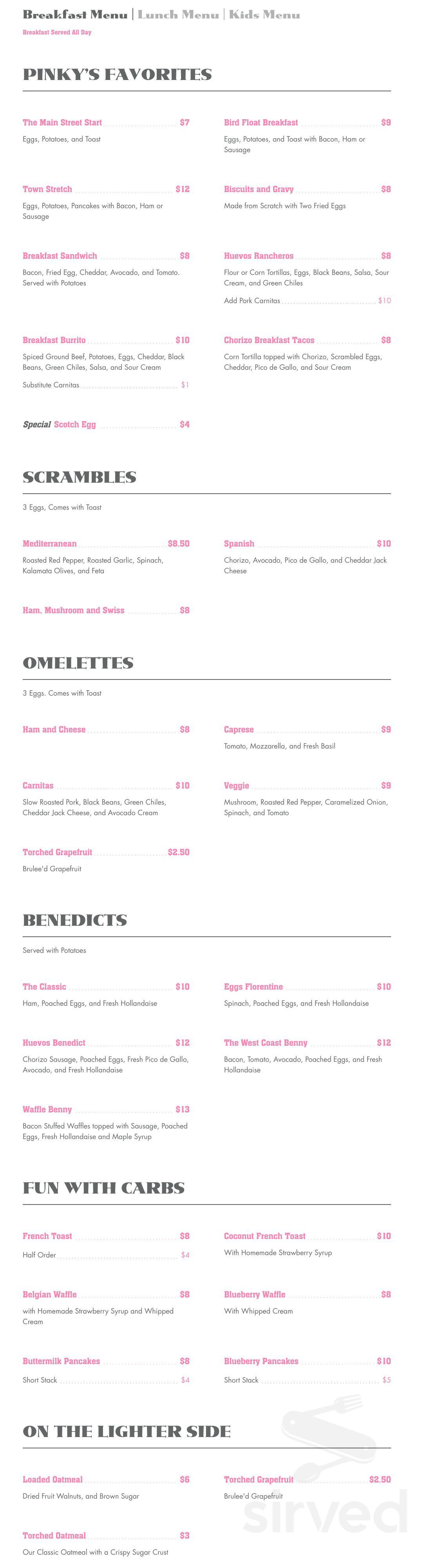 Pinky's menu in Livingston, Montana, USA