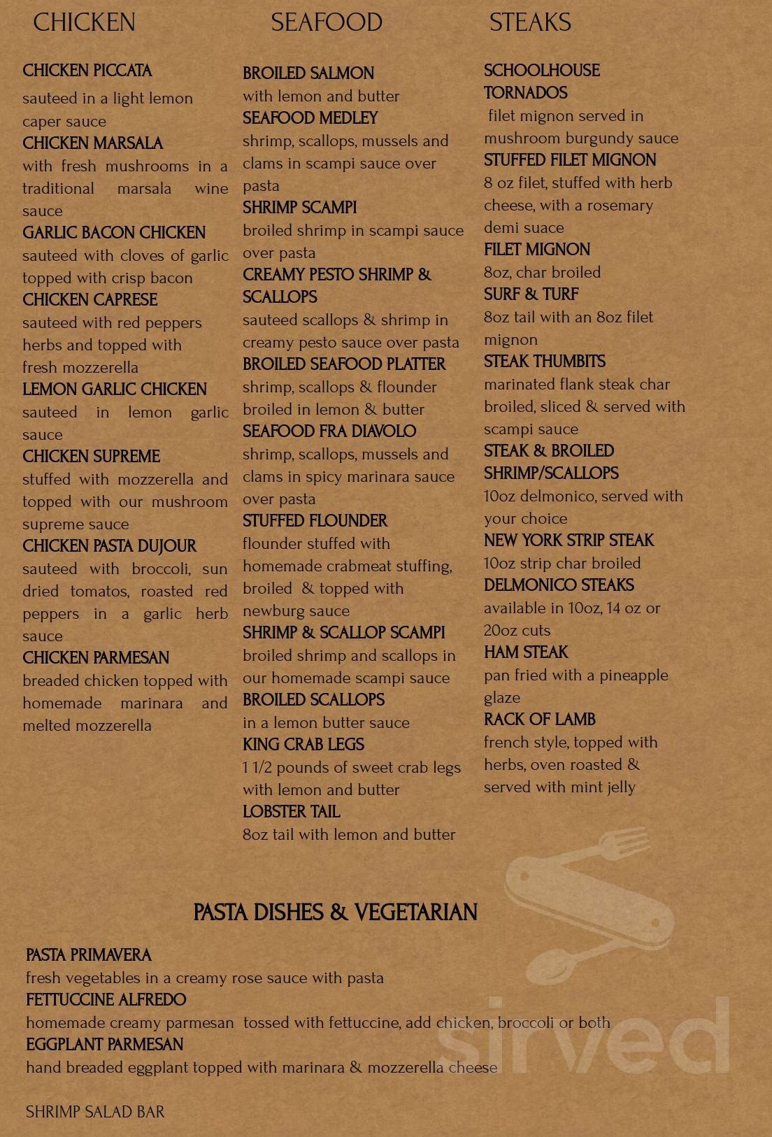 Menu for The Old Schoolhouse Inn & Restaurant in Downsville, NY | Sirved
