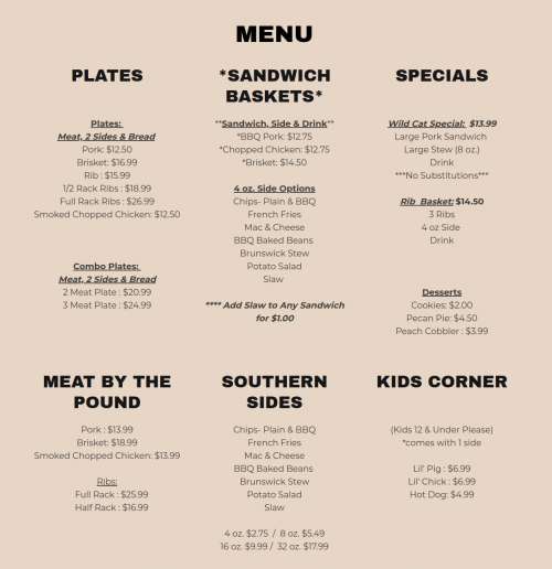 Wildcat BBQ & Store menu in Suches, Georgia, USA