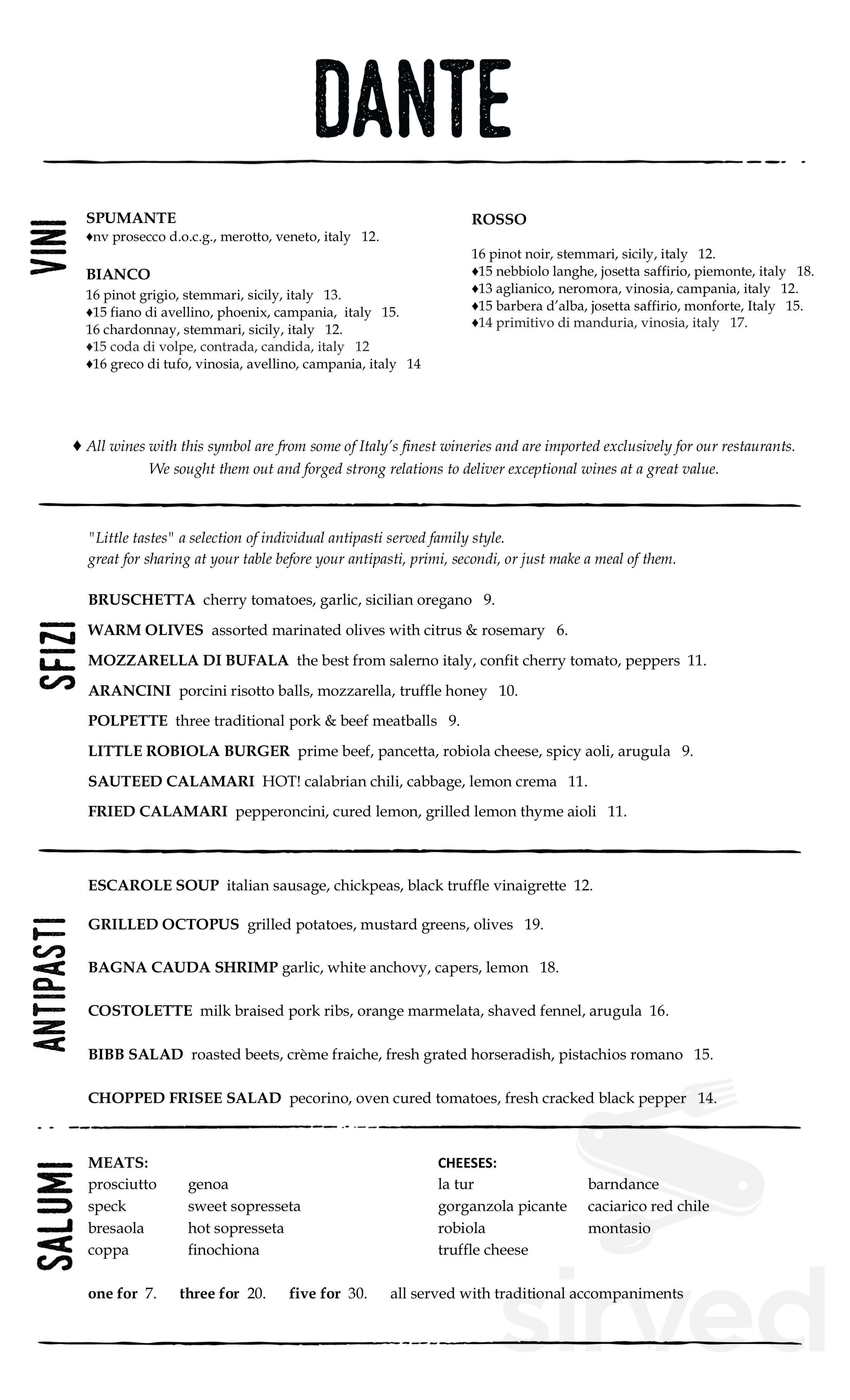 Restaurant Dante menu in Cambridge, Massachusetts, USA