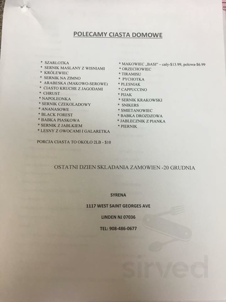 Syrena Polish Deli menu in Linden, New Jersey, USA