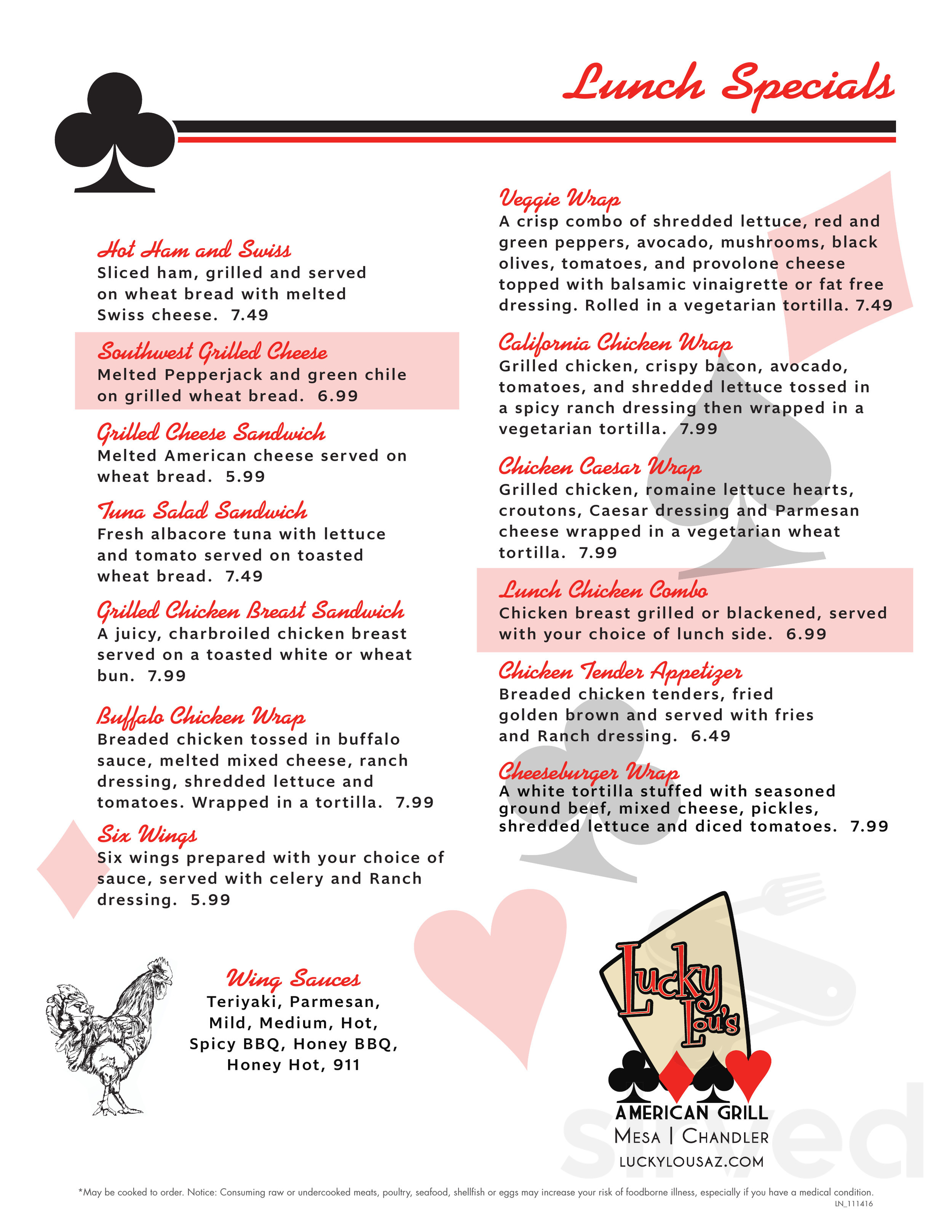 Lucky Lou's menu in Mesa, Arizona, USA