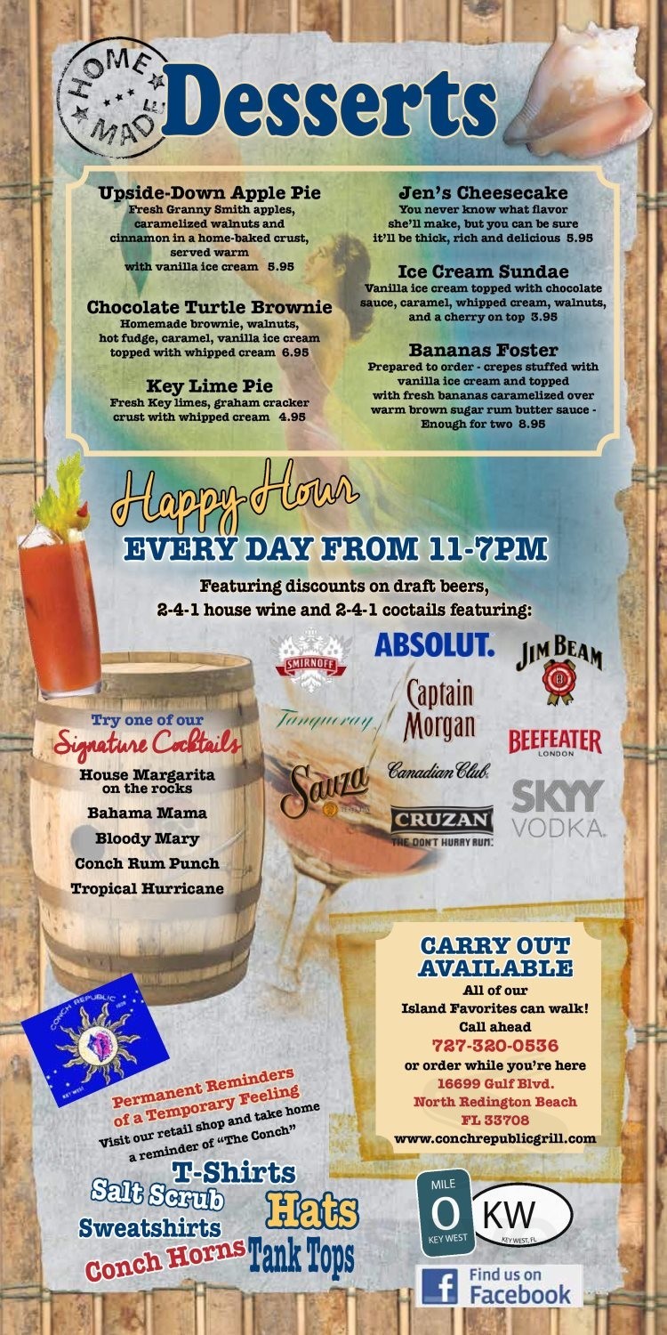 The Conch Republic Grill menu in North Redington Beach, Florida, USA