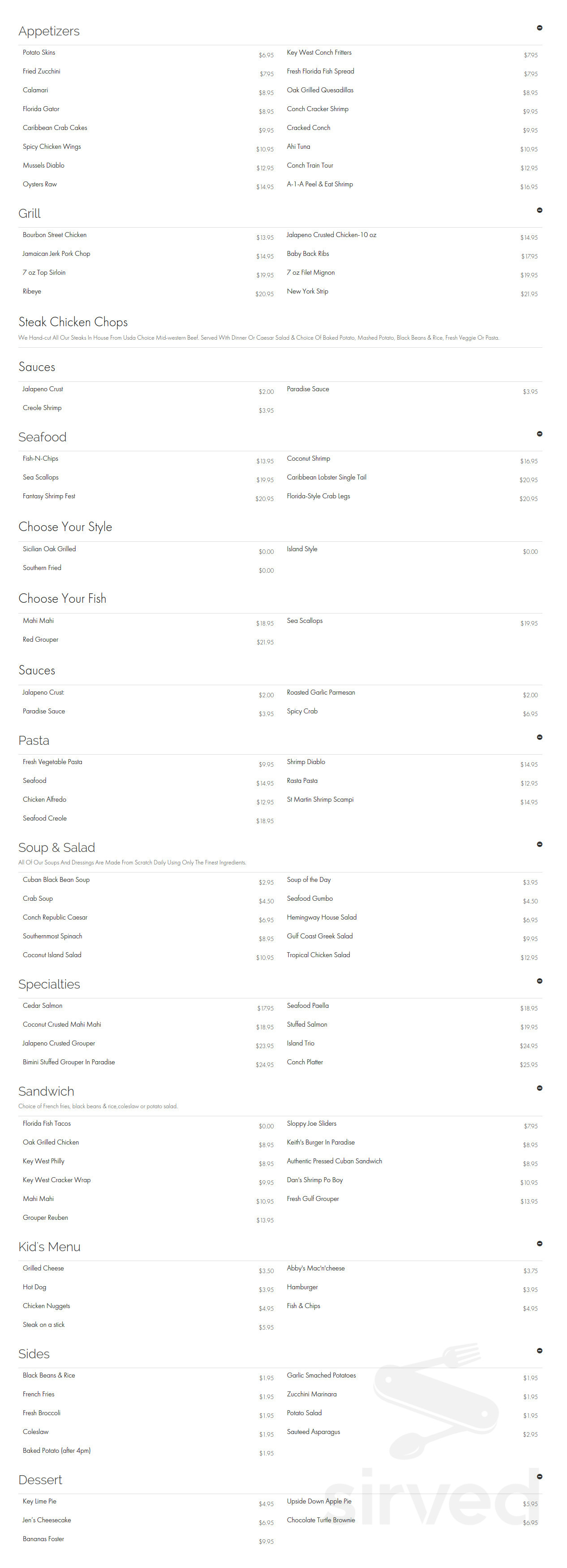 The Conch Republic Grill menu in North Redington Beach, Florida, USA