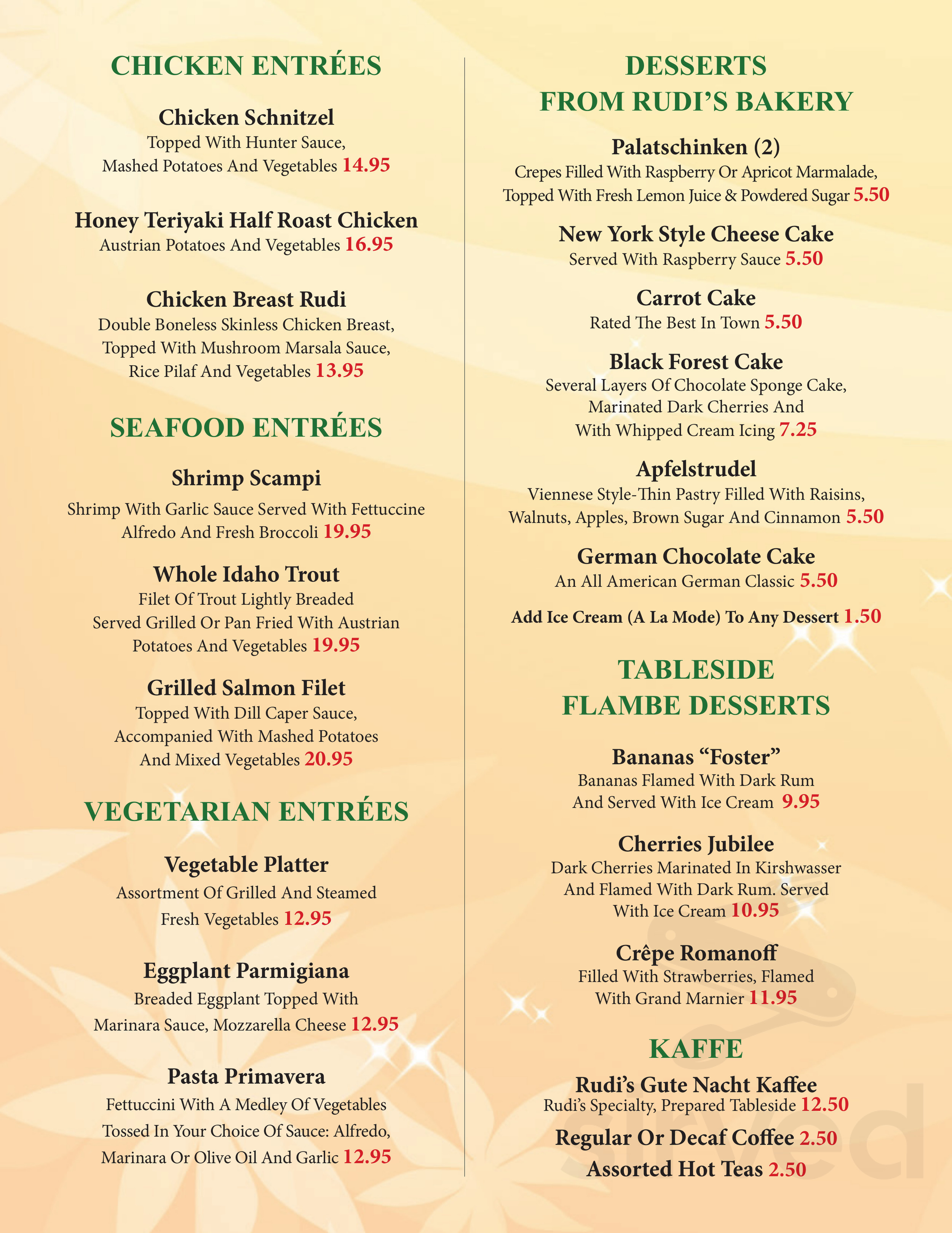 Rudi Lechner's Restaurant menu in Houston, Texas, USA