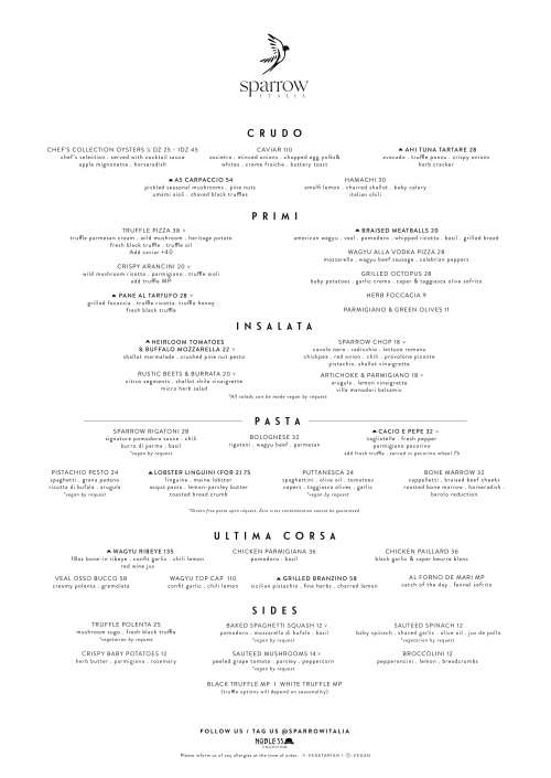 Sparrow menu in Los Angeles, California, USA