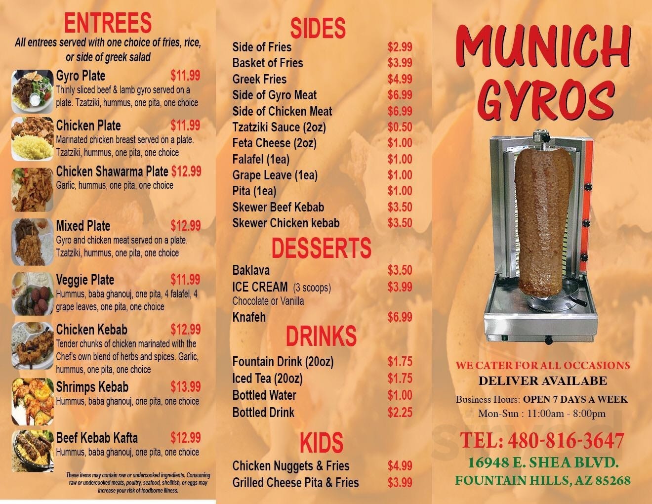 Munich Gyros menu in Fountain Hills, Arizona, USA