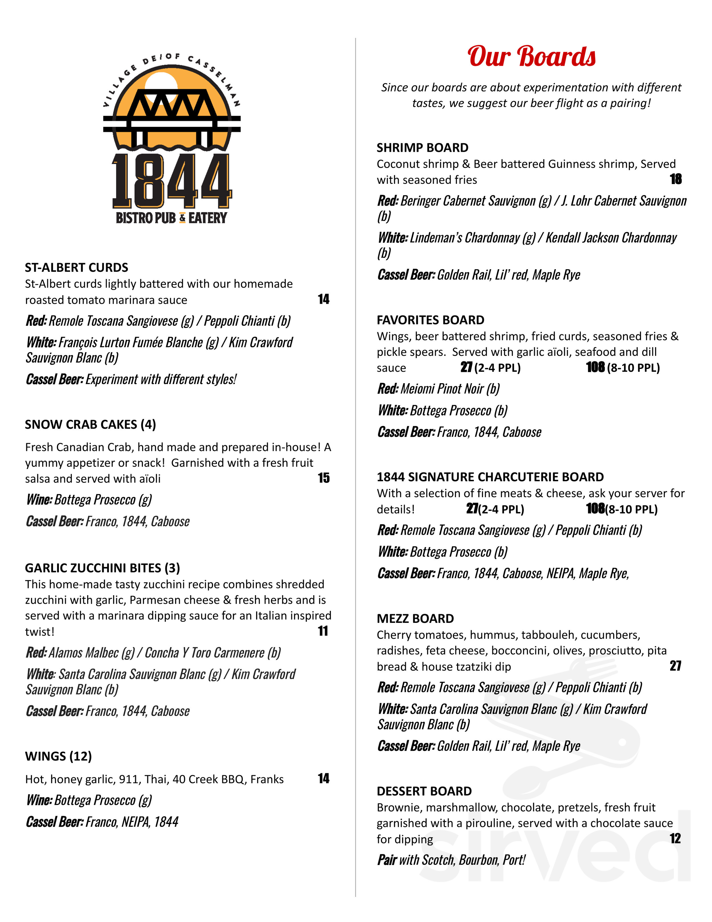 1844 Bistro Pub & Eatery menus in Casselman, Ontario, Canada
