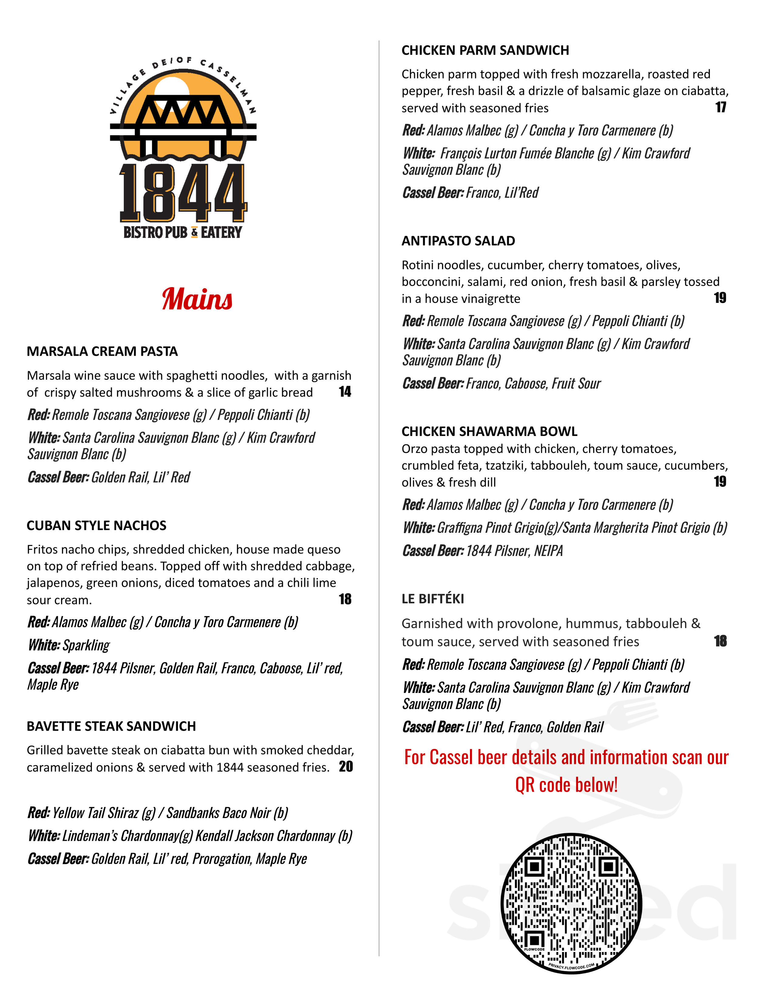 1844 Bistro Pub & Eatery menus in Casselman, Ontario, Canada