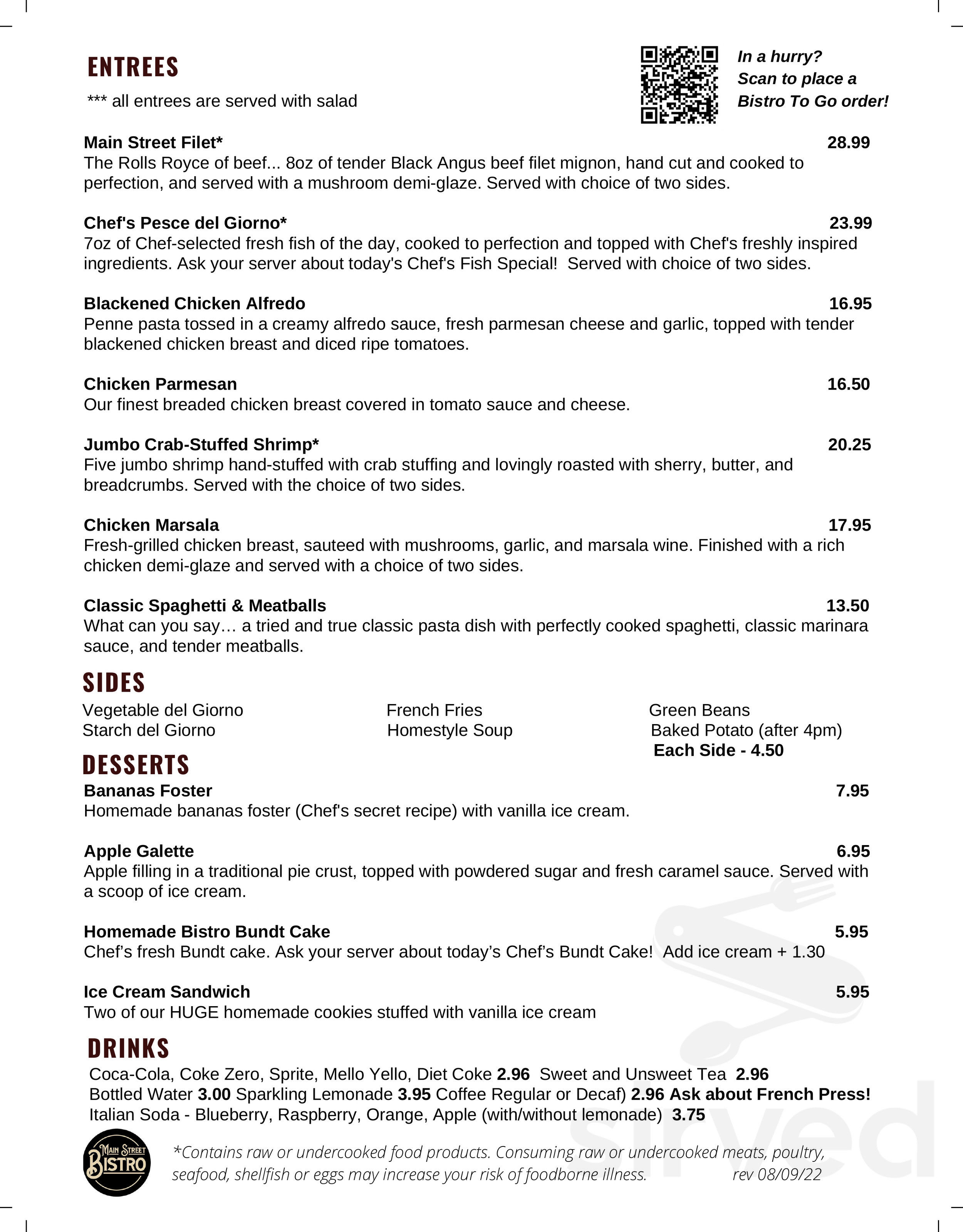 Main Street Bistro, Monroe NC menu in Monroe, North Carolina, USA