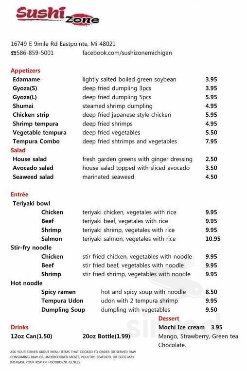Sushi Zone menu in Eastpointe, Michigan, USA