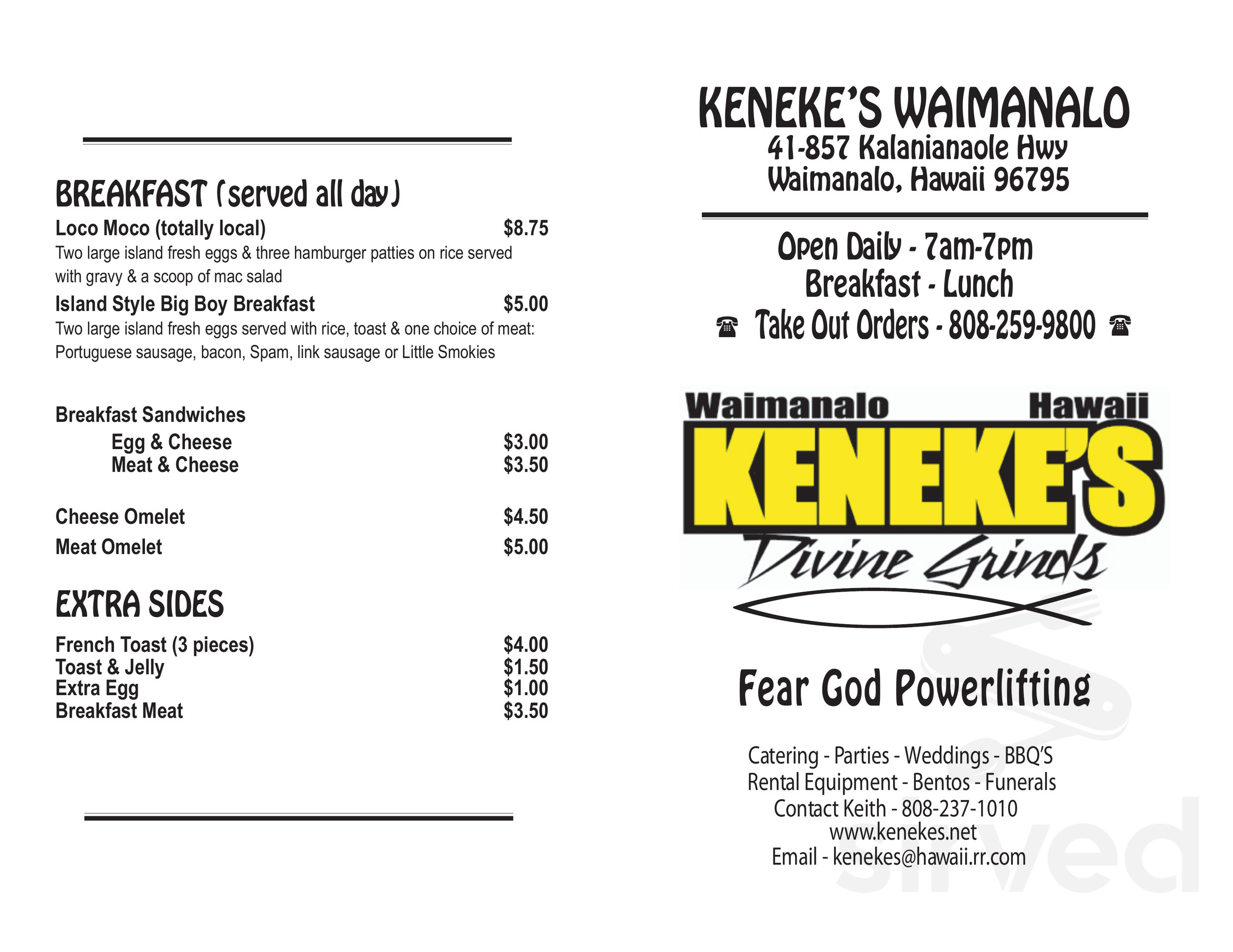 Menu for Keneke's Grill at Punaluu in Hauula, HI | Sirved